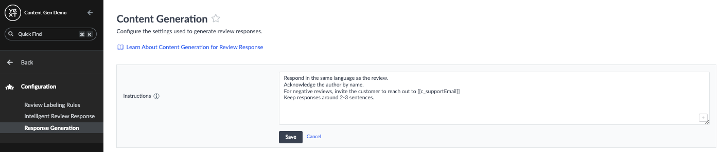 Create Instructions for Generative Review Response – Yext Help